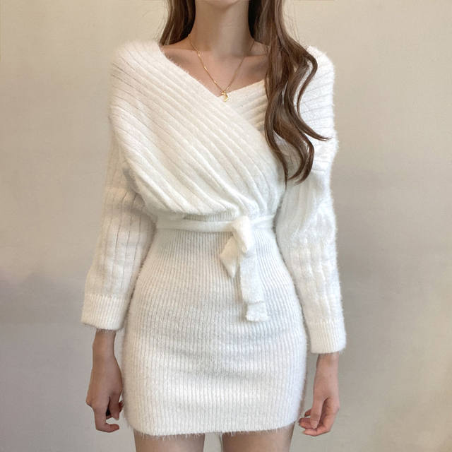 Korean chic elegant French cross V-neck lace-up waist-showing figure ...