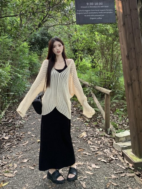 Lazy wind casual suit long -sleeved knitted shirt sunglasses top female ...