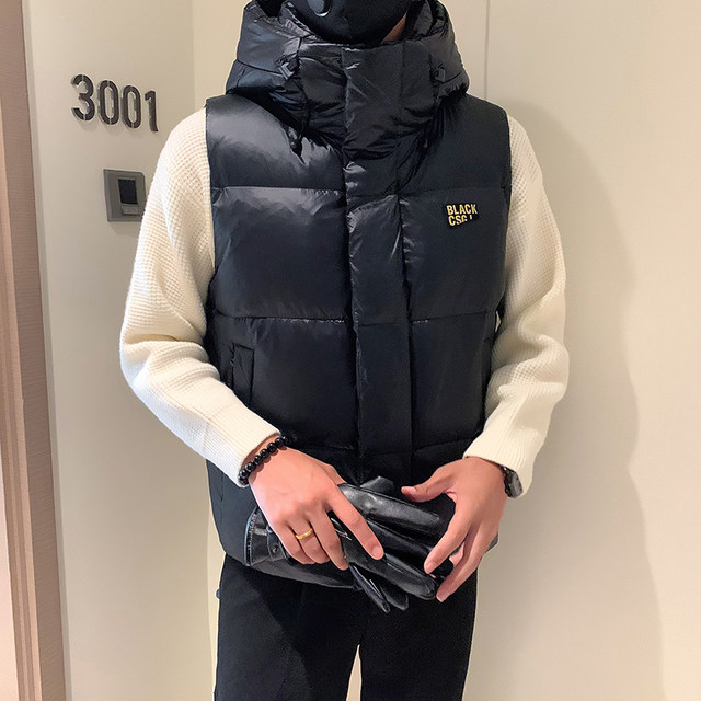 Down vest men's autumn and winter hooded thickened warm vest trendy men's waistcoat sleeveless ...