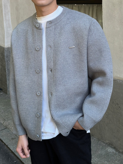 High-end lazy style heavy baseball collar cardigan sweater men's spring ...