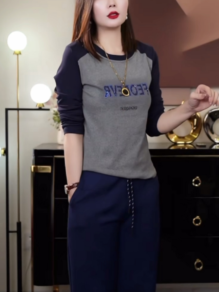 Design-sensory printed iron diamond rapacious shoulder long-sleeved T ...