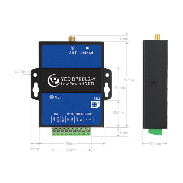 Yinerda battery-powered low-power 4GDTU module has one RS485 and two analog inputs 4-20ma
