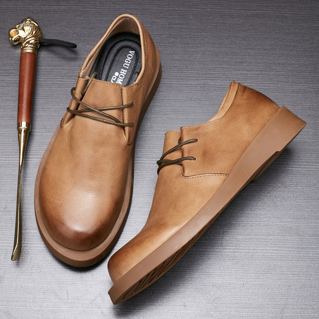 Shoes Men's Spring Leather Big Head shoes flat bottom lace -up fashion ...