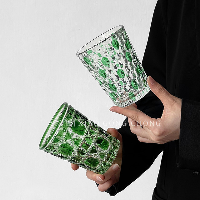 Retro rhombus emerald glass cup with high appearance, light luxury ...