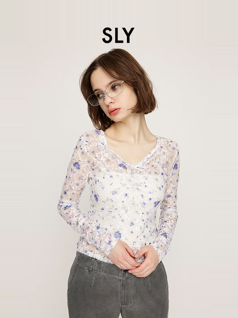 SLY 2025 summer new product contrasting color lace perspective base long sleeve small top ...