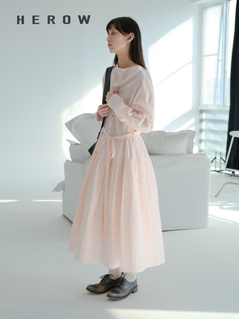 HEROW Mama cotton light pink long-sleeved dress with lazy draped collar ...