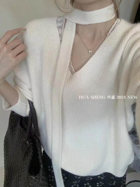 Lazy style V-neck slimming knitted sweater with ribbons for women 24 ...
