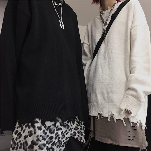 Dark style ins high street vintage decadent damaged torn design knitted ...