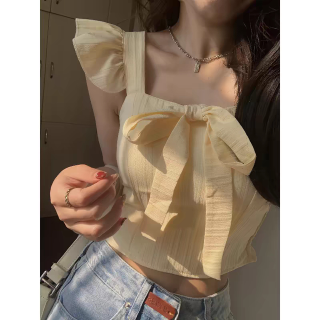 French ruffled inner short navel-baring small flying sleeves top for ...