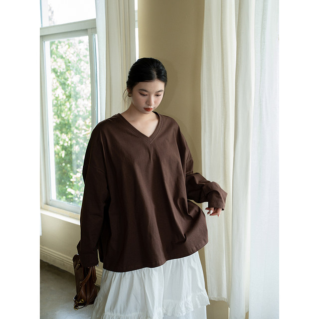 100 cotton V-neck knitted casual long-sleeved inner T-Annie Forest ...
