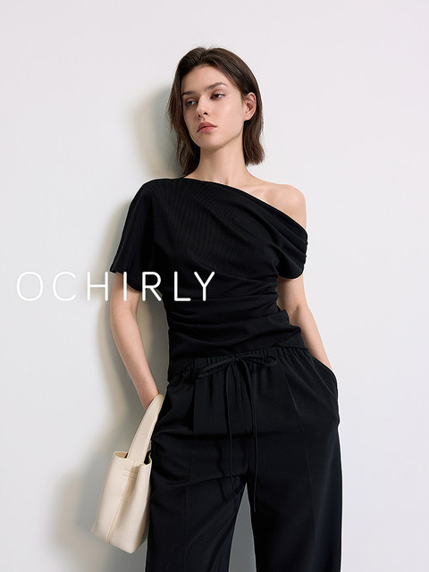 OCHIRLY Ou Shili tilted shoulder pleated short-sleeved T-shirt ...