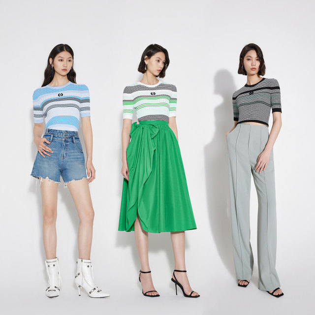 ochirly oxygen shirt slim thin short-sleeved sweater striped short top ...