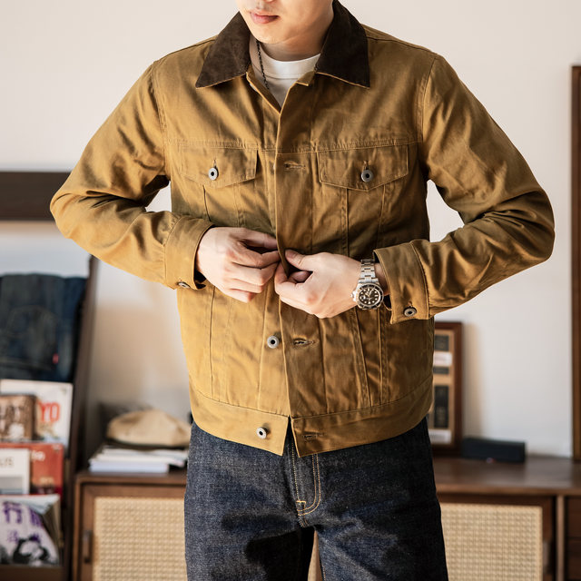 Red wind American retro TYPE3 oil wax jacket corduroy collar work ...