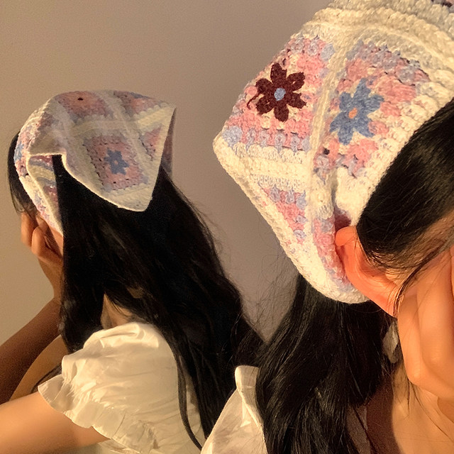 Dopamine pastoral style knitted headscarf women's turban triangle scarf ...