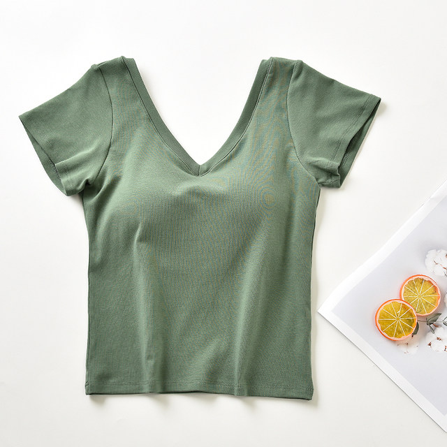 Cotton short -sleeved T -shirt women with chest pad bottom shirt V ...