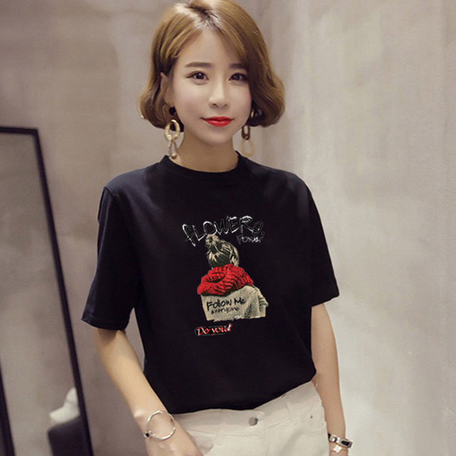 2024 Summer new black short -sleeved T -shirt female Korean alphabet printing, loose, thin pure ...