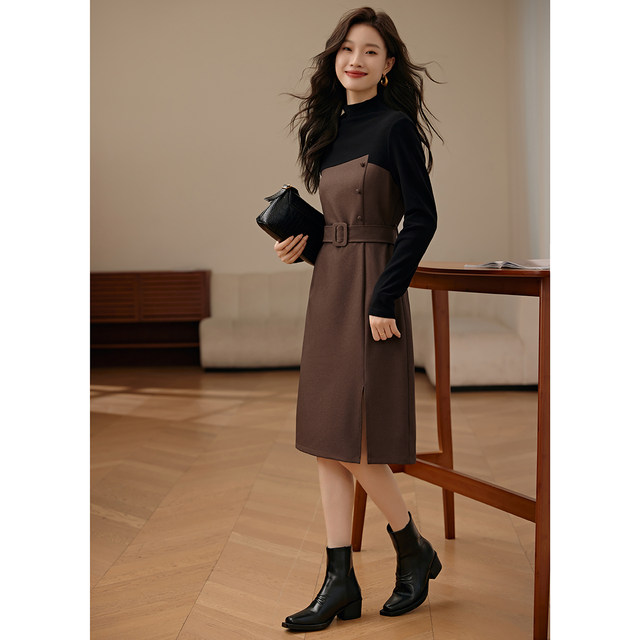 Fake two dresses 24 Winter newly played color slim splicing, commute ...