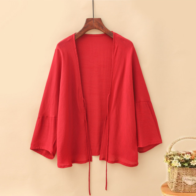 Cotton and linen outer cardigan women's shawl in summer with suspender ...