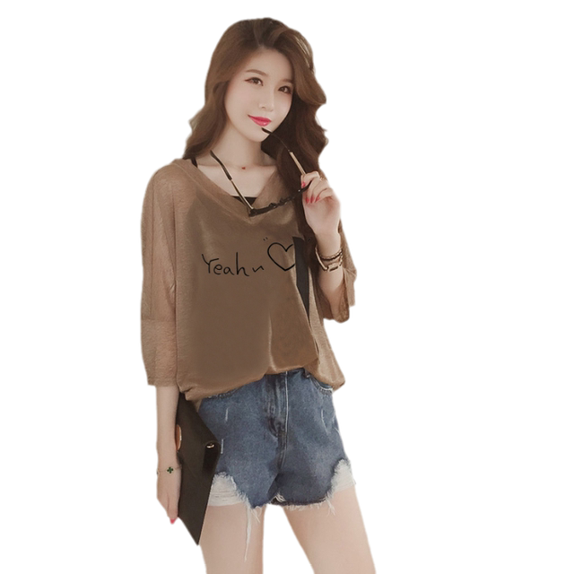 Summer new style sun protection clothing large size solid color loose V ...