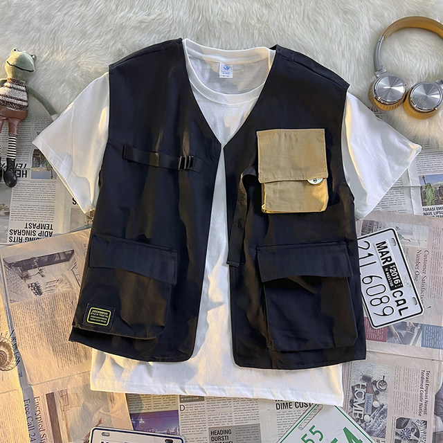 Contrast color splicing pocket work vest men's functional style ...