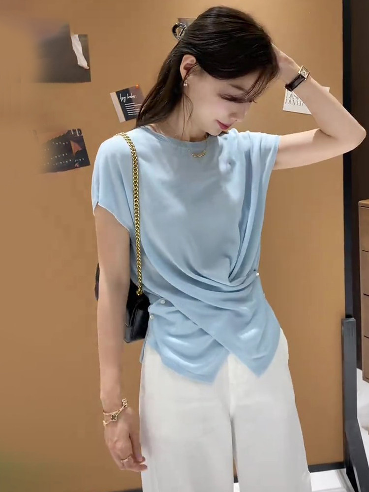Irregular short-sleeved ice silk sweater for women 2025 new summer ...
