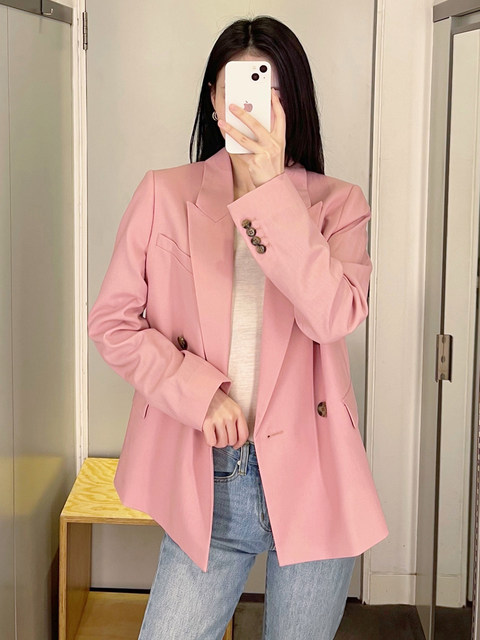 Minimalist cos style pink double-breasted wool blend blazer classic top ...