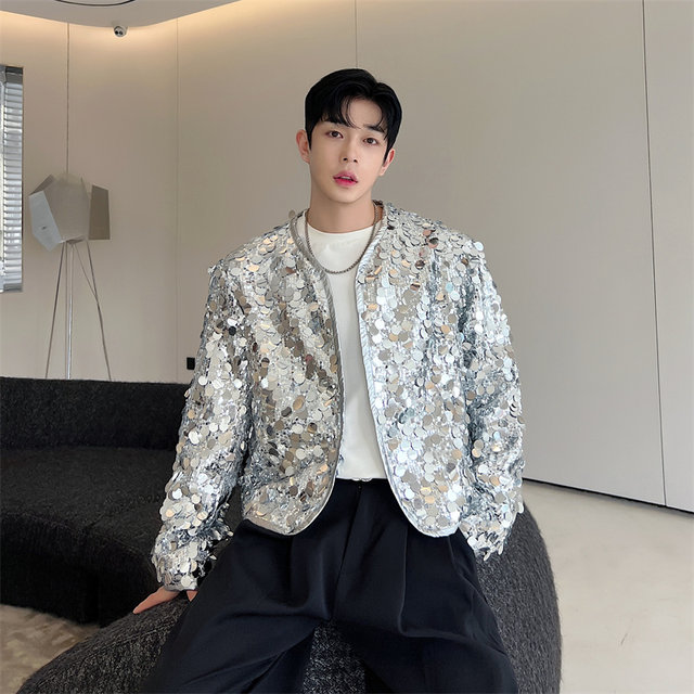 High-End Silver Sequin Jacket for Men, Unique Design, Trendy Internet ...