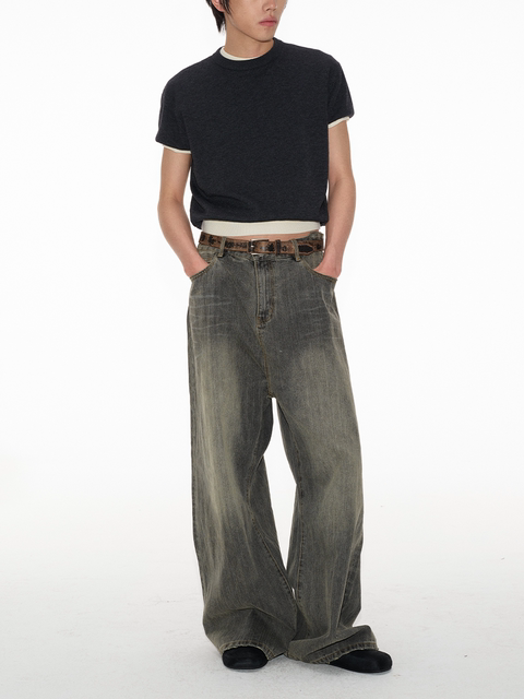 JCAESAR DENIMS bamboo joint pattern wide-leg jeans color-washed light ...