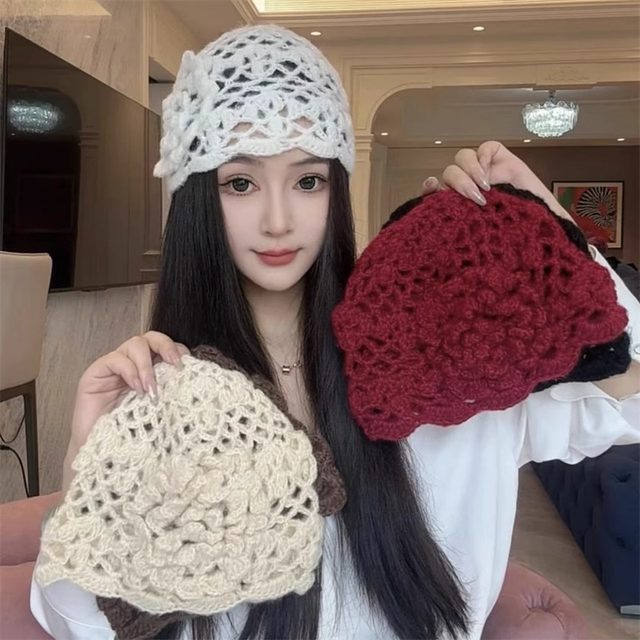 Early autumn thin handmade sunflower pile hat for women hollow ...