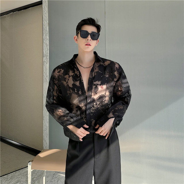 Niche fashionable western style ink painting translucent shirt men's ...