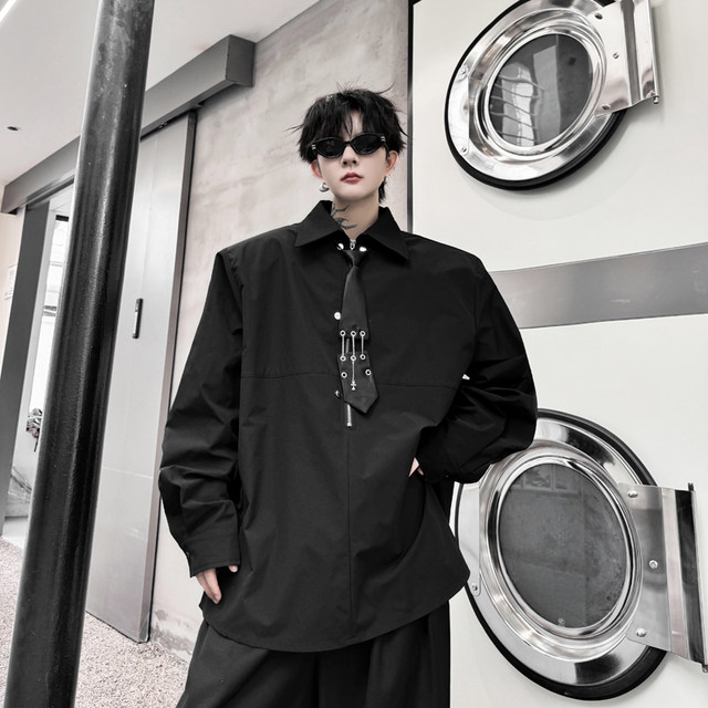 ins trendy brand high-end shoulder pad shirt men's long-sleeved Korean ...