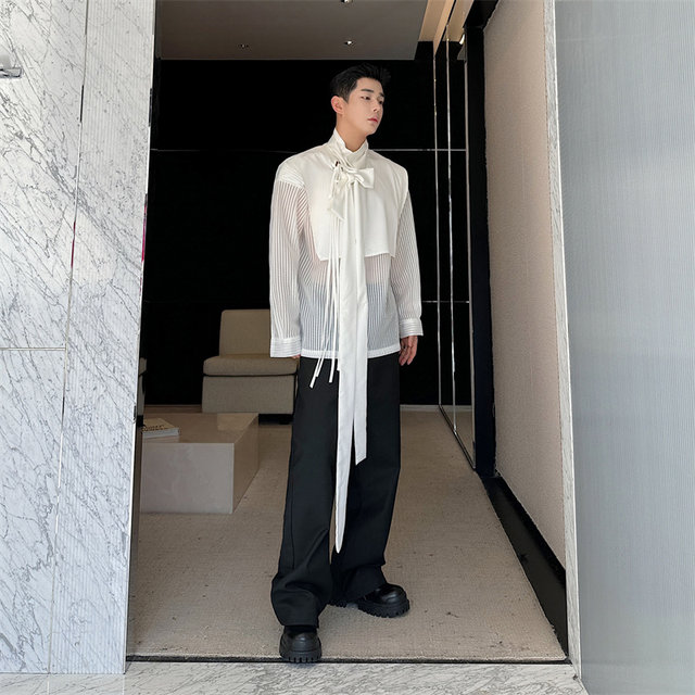 Spring and summer mesh stitching fake two-piece design shirt men's long ...