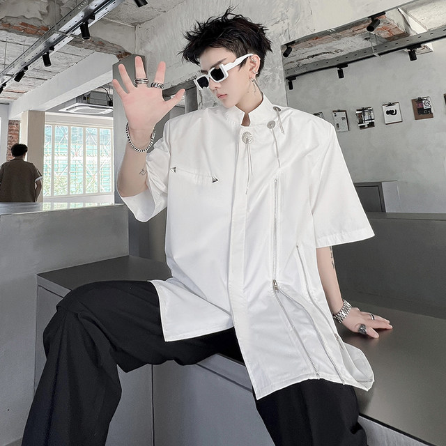 Dark Yamamoto style high-end Chinese stand-up collar shirt men's short ...