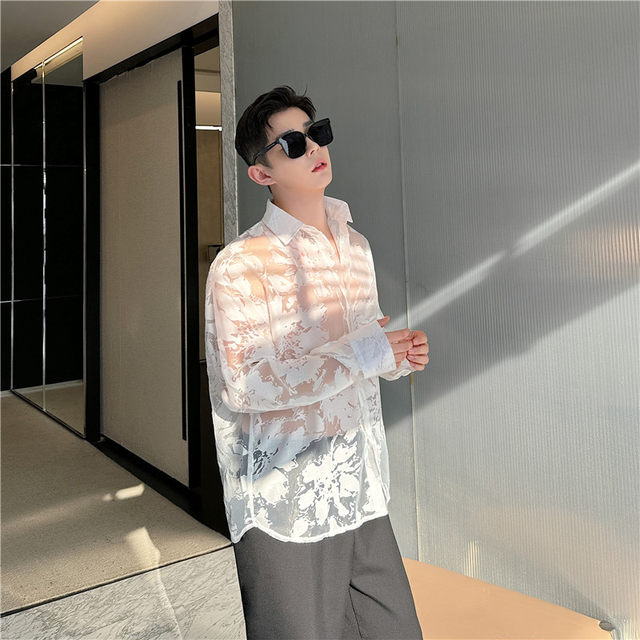 Niche fashionable western style ink painting translucent shirt men's ...