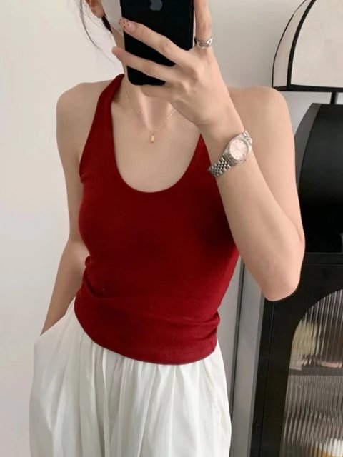 Black hanging neck crane vest Female summer wears 2024 new slim inside with short sleeveless ...