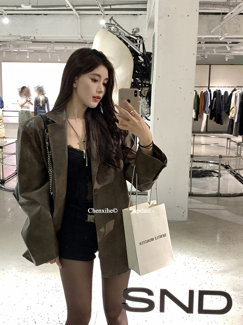 He Chenxi Maillard Wears Brown Retro Pu Leather Motorcycle Leather Jacket for Women American ...