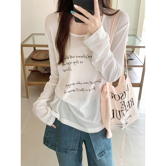 Letter printing loose slightly translucent top large neckline sunscreen ...