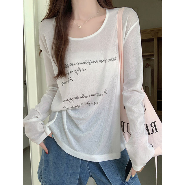 Letter printing loose slightly translucent top large neckline sunscreen ...