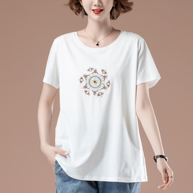 Summer Short-Sleeved Embroider Women T-Shirt 50-Year-Old Middle-Aged ...