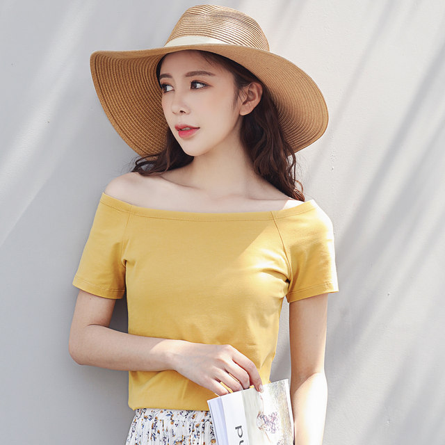 One-line collar off-the-shoulder top short pure cotton tight design ...