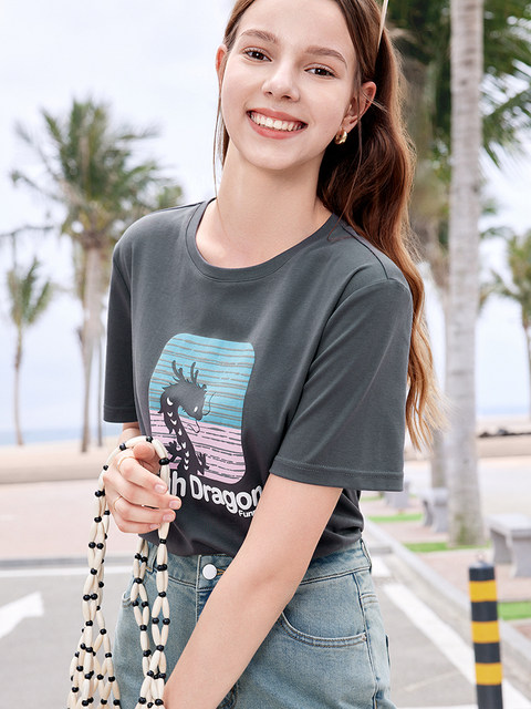 BETU hundred maps dark gray cartoon printing T -shirt female 2024 ...