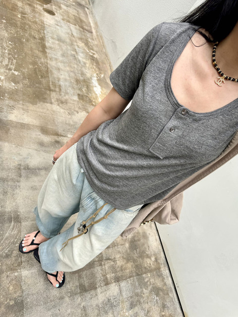 Paperman linen thin henley collar short-sleeved T-shirt for women Xia ...