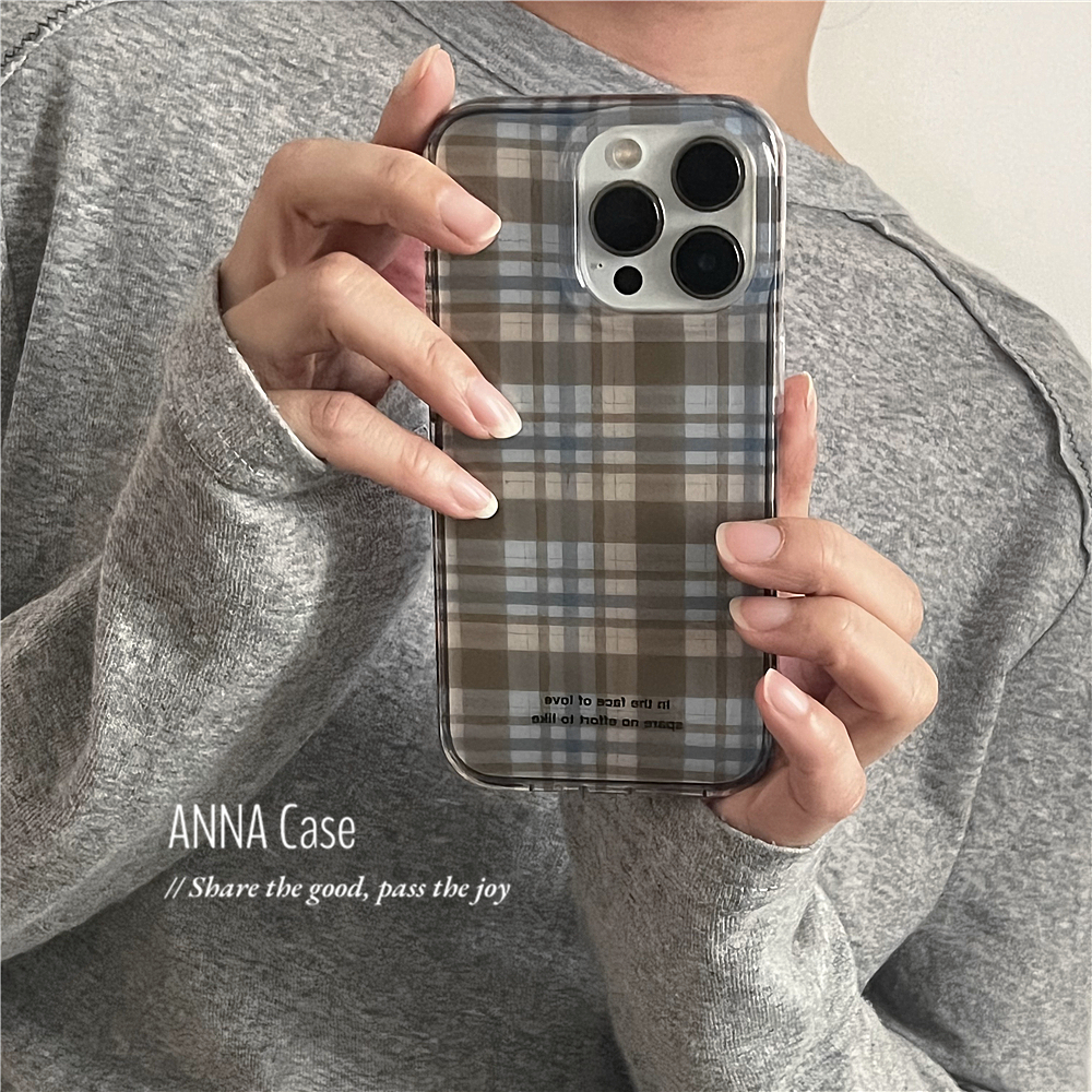 ANNACASE Korean ins college style transparent blue and brown plaid mobile phone case suitable ...