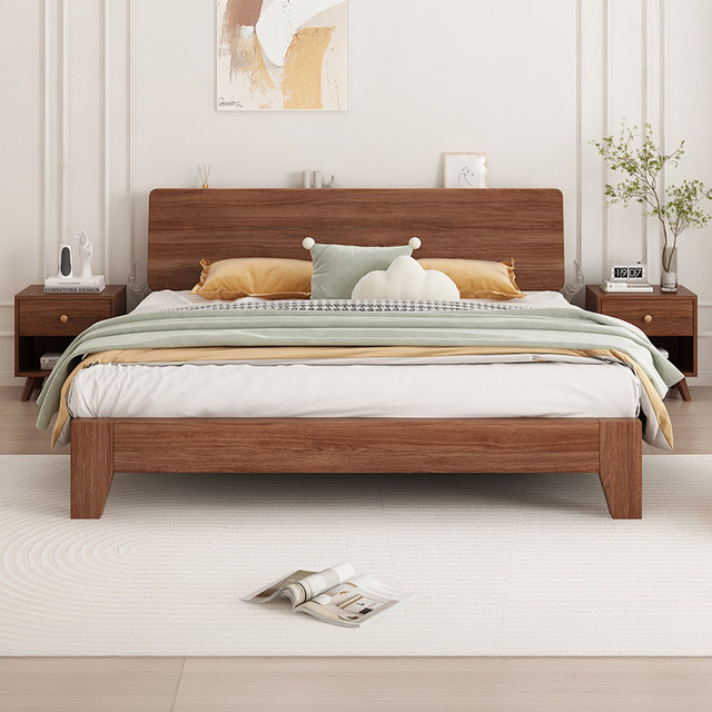 Walnut color solid wood bed double bed simple modern 1.8m economical ...