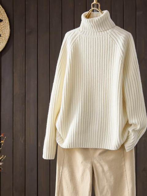 Fashionable simple pit strip turtleneck wool pullover sweater for women ...