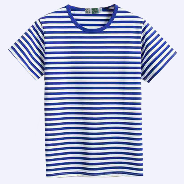 Pure cotton sea soul shirt short-sleeved round neck men's and women's couple wear blue and white ...