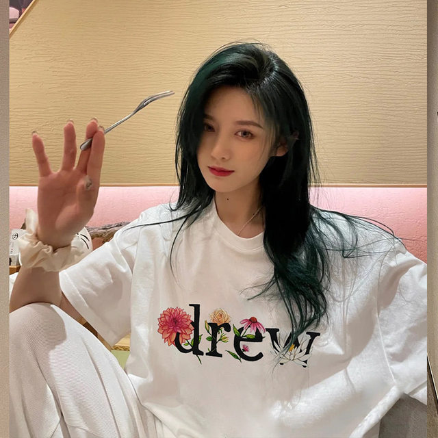 Drew letter flower short-sleeved T-shirt trendy brand European and ...