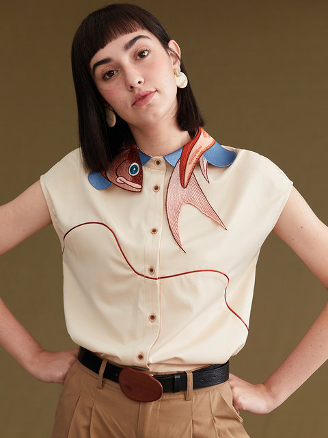 Original Design New Retro Koi Fish Embroidered Collar Sleeveless ...