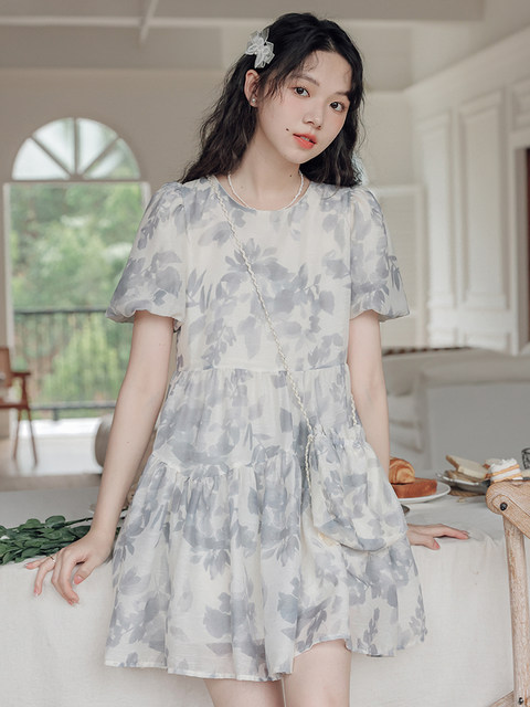 Luo Yuxuan summer new French sweet ink printed bubble short -sleeved dress high waist high ...