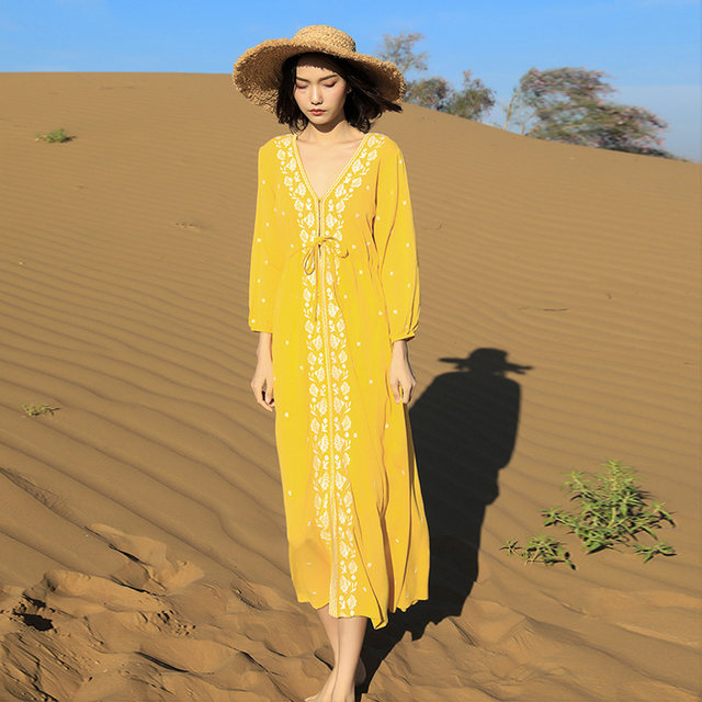 Beach dress plus size ethnic style yellow dress Yunnan Sanya travel ...
